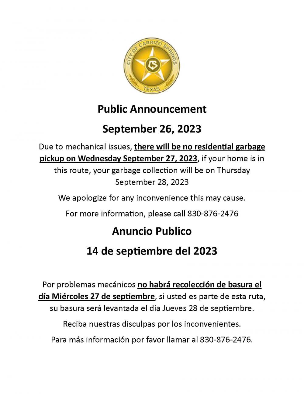 GARBAGE COLLECTION NOTICE | Carrizo Springs, Texas